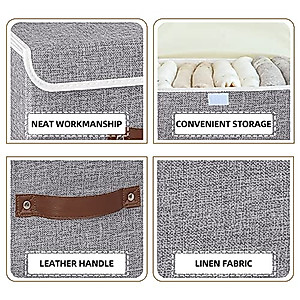 Yawinhe Collapsible Storage Boxes 1 Pack, Linen Fabric Storage Baskets Washable, with Lids and Leather Handle, for Home Bedroom Closet Office, (Grey, 15.0x9.8x9.8in), USNK024GL-1