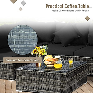 PATIOJOY 7-Piece Patio Furniture Set, Outdoor Sectional PE Rattan Sofa Set with Cushions and Tempered Glass Coffee Table, All-Weather Conversation Set for Backyard (Black)