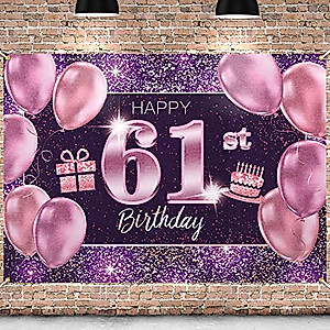 PAKBOOM Happy 61st Birthday Banner Backdrop - 61 Birthday Party Decorations Supplies for Women - Pink Purple Gold 4 x 6ft