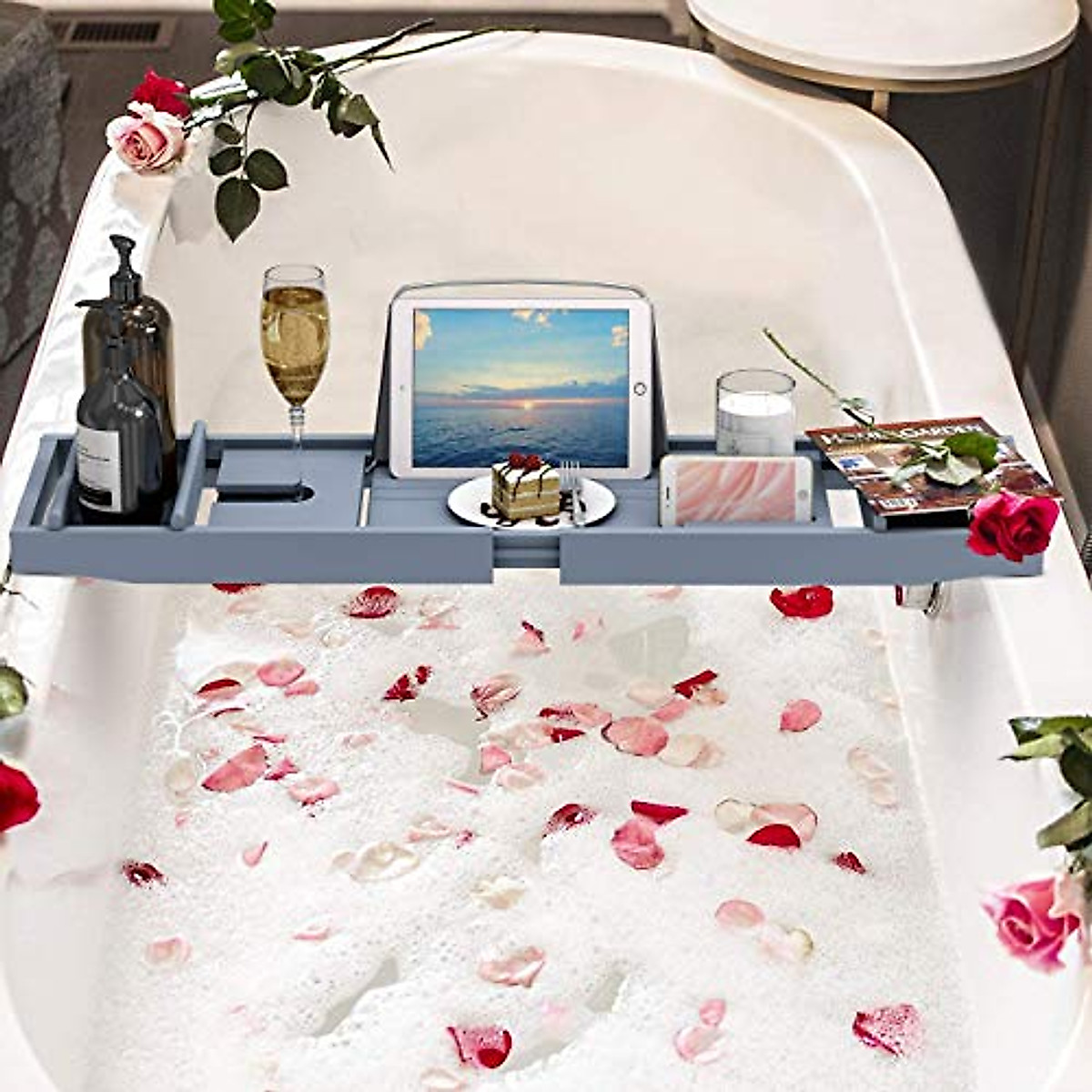 Domax Bathtub Caddy Tray Expandable Bamboo Tub Tray for Luxury Bath with Book Holder and Free Soap Dish (Gray, 29.4"-44.2"x 9.1"x1.65")