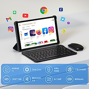 2023 Tablet 10.1 inch Android Tablets 1080P FHD in-Cell LCD Screen, 4GB+64GB Expand to 1TB, Octa-Core CPU, 1920 * 1200 Resolution,8M&13M Dual Camera, Bluetooth5.0, Wi-Fi, GPS-Gray
