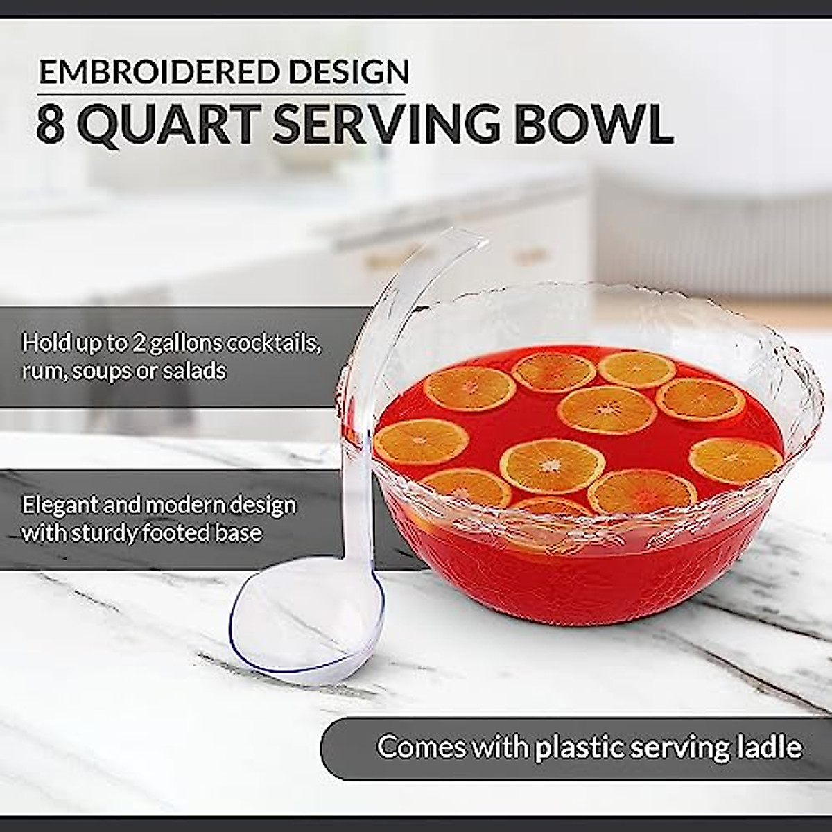 Pro Dispose Plastic Punch Bowl with Ladle | 8 Quart Clear 2 Gallon Punch Plastic Bowls | BPA Free Recyclable Punch Set of Bowl and 5 oz. Ladle | Embroidered Punch Bowl with Serving Ladle for Parties