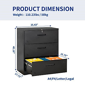 Lateral File Cabinet with Lock, 3 Drawer Lateral Filing Cabinet for Legal/Letter A4 Size, Locking Wide File Cabinet for Home Office, Metal Steel (Black, 3 Drawer)