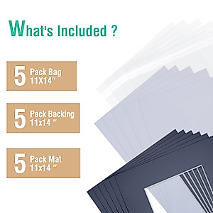 Acid Free 5 Pack 11x14 Pre-Cut Mat Board Show Kit for 8x10 Photos, Prints or Artworks, 5 Core Bevel Cut Matts and 5 Backing Boards and 5 Crystal Plastic Bags, Black