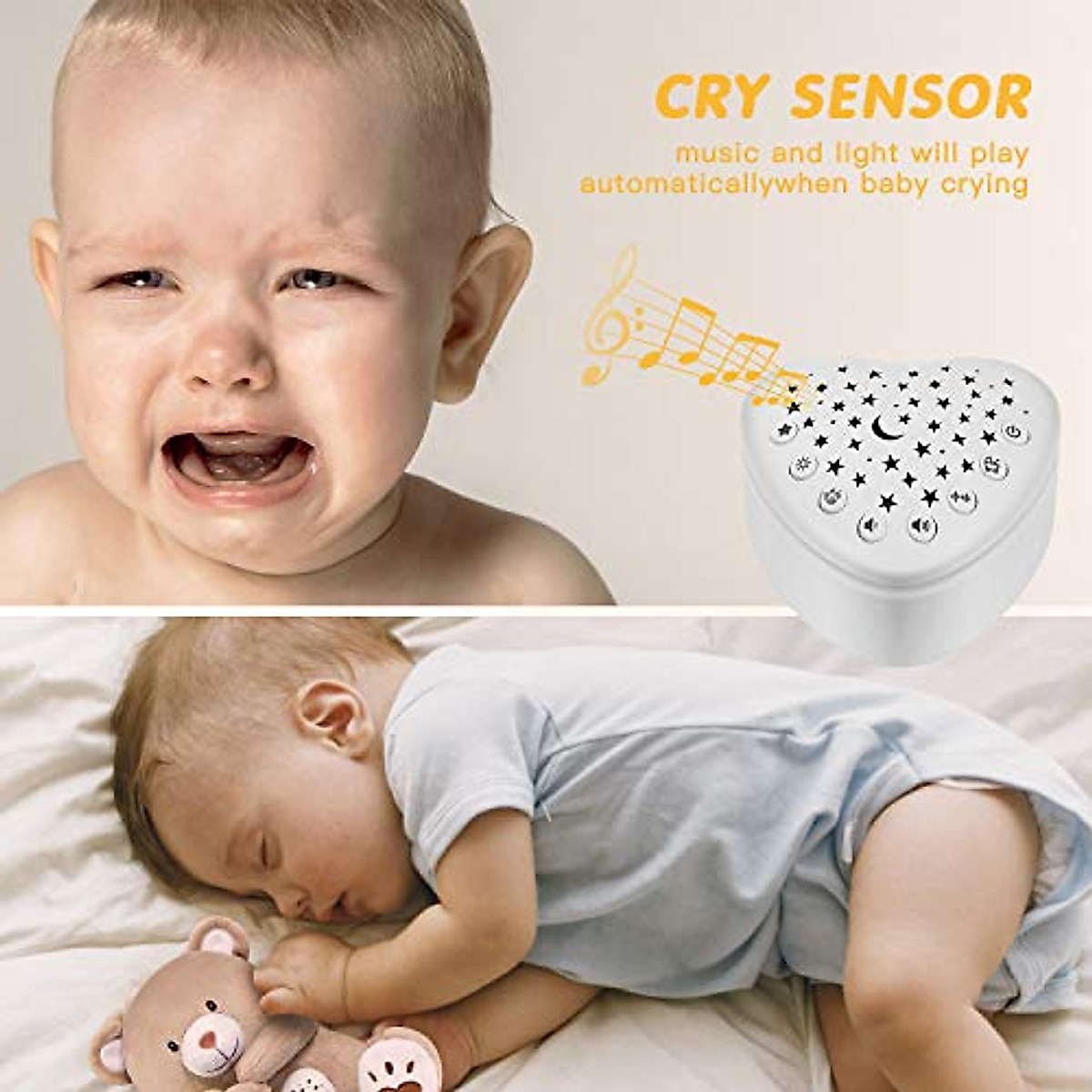BEREST Rechargeable Sleep Soother Heartbeat Dreamy Bear, Baby Cry Sensor Lullabies & Shusher White Noise Machine, Nursery Decor Night Light Projector, Toddler Crib Sleeping Aid Baby Shower Gifts Teddy