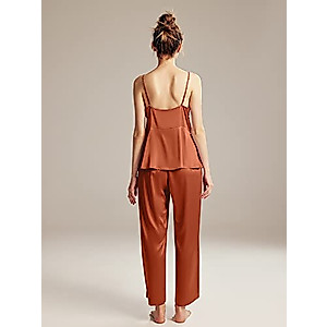 AW BRIDAL Satin Pajamas Set Sexy Silk Sleeveless Pjs Set Soft Camisole Tops and Pants 2 Pieces Sleepwear for Women Bride, Burnt Orange L