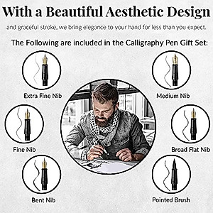 Wordsworth & Black Calligraphy Pen Gift Set, Includes Ink Bottle, 6 Ink Cartridges, Ink Refill Converter, 6 Replacement Nibs, Premium Package, Journaling, Smooth Writing Pens [Black Gold]