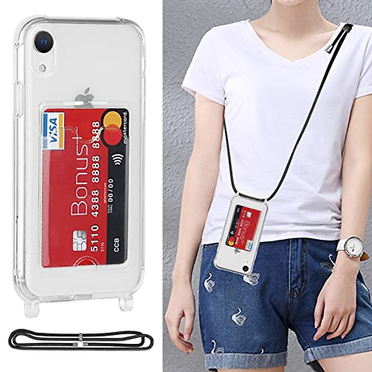 Jaorty Crossbody Wallet Phone Case for iPhone XR with Card Holder,Cute Clear TPU Soft Case with Adjustable Nylon Neck Lanyard Strap iPhone XR Shockproof Protective Case for Womem & Men-Crystal Clear