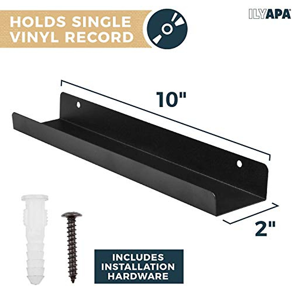 Ilyapa Record Display Wall Mounted Shelf, 10 Pack - Black Metal Record Holder with Mounting Hardware