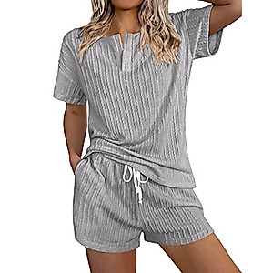 Ekouaer Ribbed Knit Lounge Sets for Women 2 Piece Outfits Short Sleeve Top and Shorts Pajama Sets Tracksuit Sweatsuits Grey