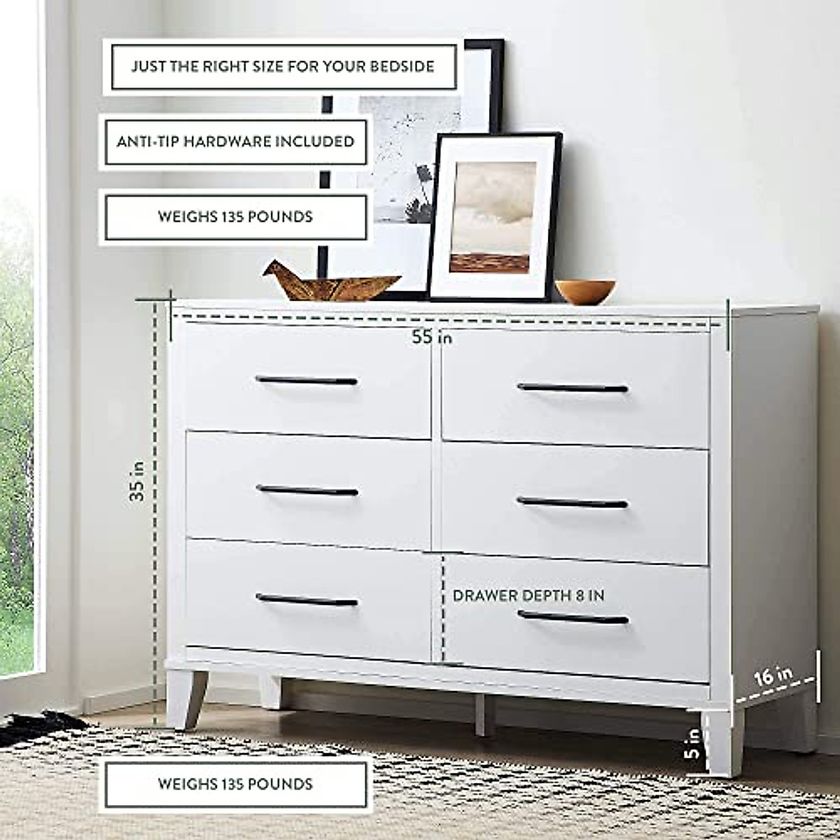 Edenbrook Bedroom-Six Drawer-Modern Design-Easy Assembly, White Dresser