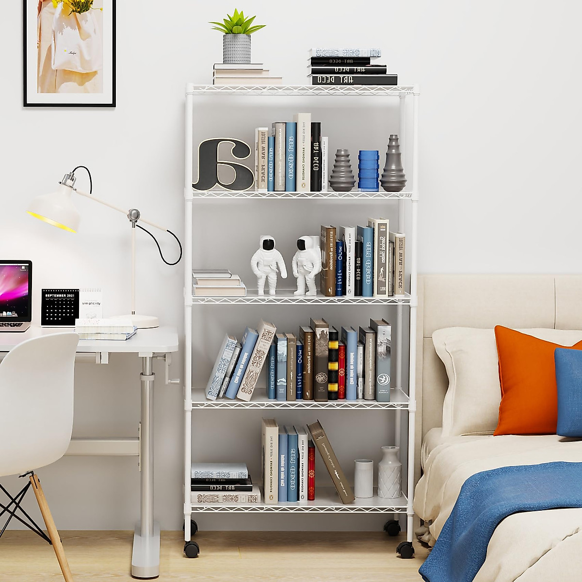 5 Tier NSF Metal Shelf Wire Shelving Unit, 60" H x 30" L x 14" D - 750lbs Capacity Heavy Duty Adjustable Storage Rack with Wheels & Shelf Liners for Closet Kitchen Garage Basement and More - White