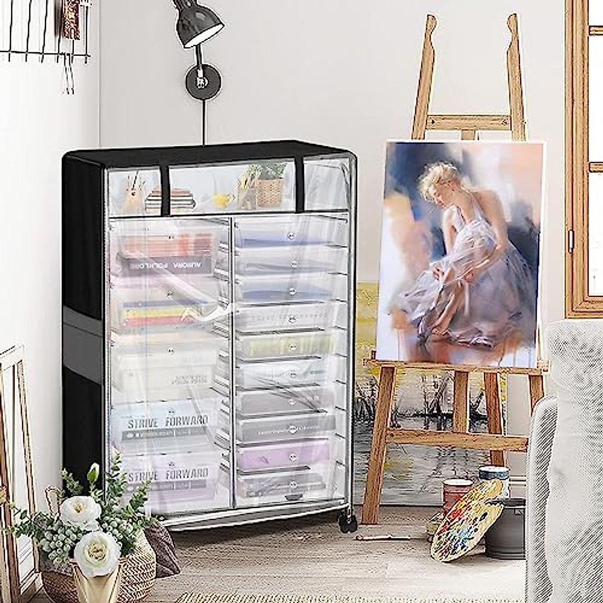 Utility Cart Cover, 15 Drawer Rolling Cart Cover, Fits Racks 25" Lx14''Dx36''H One Side See Through Panel, Without Rolling Cart (Cover Only)