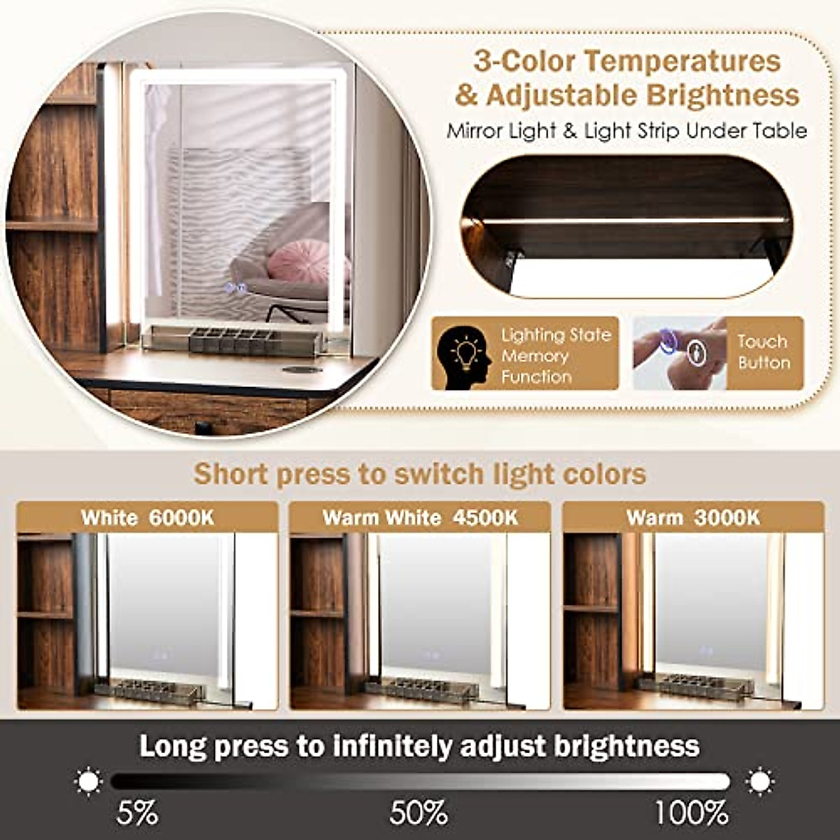 CHARMAID Vanity Set with Dimmable Lighted Mirror, 3 Lighting Modes, Human Body Induction, Side Cabinet, 2 Drawers, Storage Shelves, Cosmetic Tray, Makeup Table Dressing Desk with Stool (Rustic Brown)