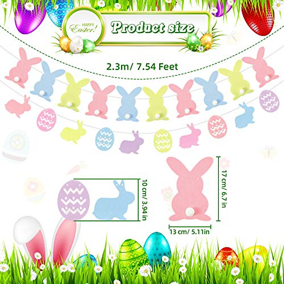 4 Sets Easter Bunny Banner, Rabbit and Easter Eggs Bunting Banner, 10 Non-woven Pennant Flags, Easter Felt Ball Garlands, Easter Pom Pom Garland Hanging Decoration for Indoor Outdoor Garden
