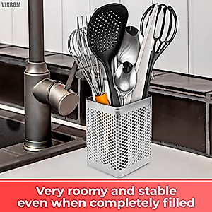Stainless Steel Utensil Holder for Kitchen Counter - Perforated Kitchen Utensil Holder for Countertop Chopstick Spoon Spatula Holder Dryer Rack with Hooks - Utensil Caddy for Cooking Utensils Holder
