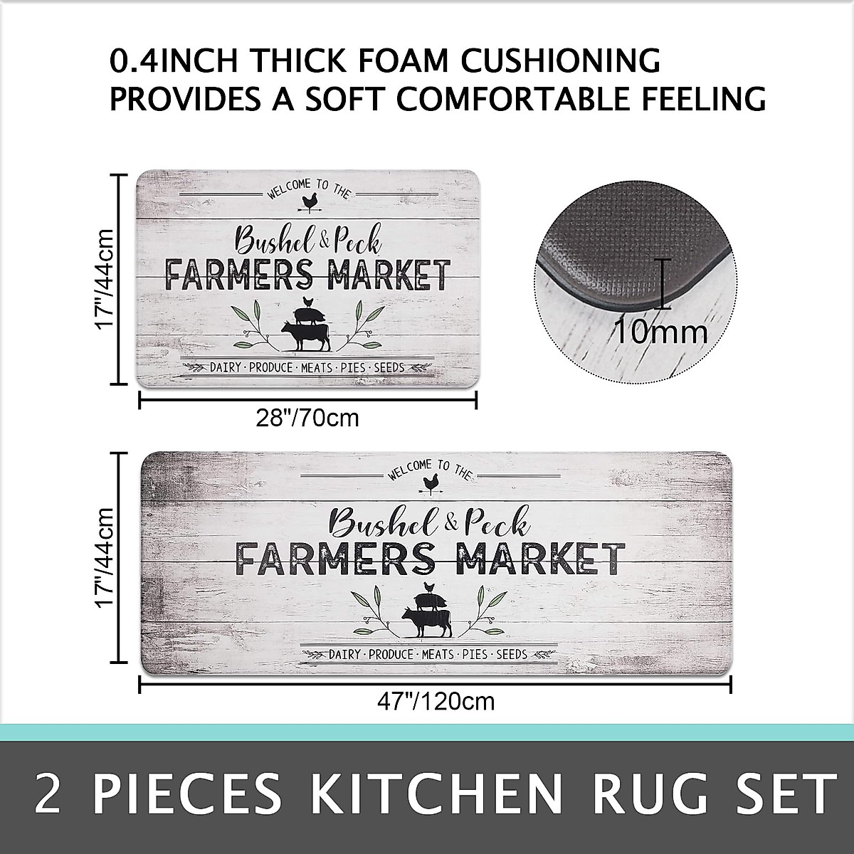 Falflor Farmhouse Anti Fatigue Kitchen Rug and Mats 2 Pieces PVC Leather Heavy Duty Standing Mats for Kitchen Sink Office Standing Desk Rug Wipe Clean