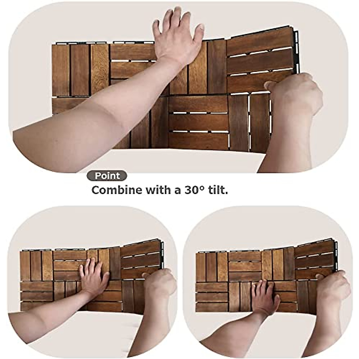 Acacia Hardwood Interlocking Deck Tiles - Walnut Grid - 12"×12" 9pcs - Floor Tiles for Patio and Deck Use Natural Wood Outdoor Decking and Flooring, Rain and Weather Resistant, Heavy Duty