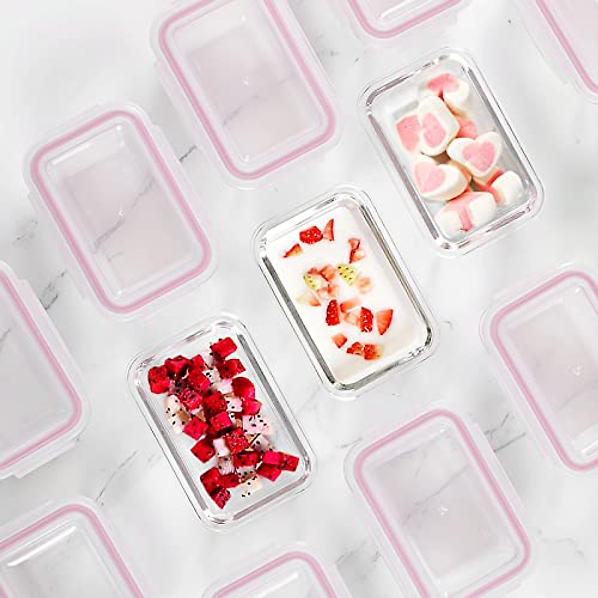 M MCIRCO [12-Pack, 6.3oz] Glass Food Storage Containers with Lids - Small Glass Jars for Snacks, Dips, Sauces - Freezer, Microwave, Dishwasher Friendly - Pink