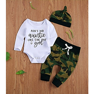Madjtlqy Aint No Auntie Like The One I Get Baby Boy Clothes Aunties Sayings Bodysuits Camouflage Pants+Hats Romper Set
