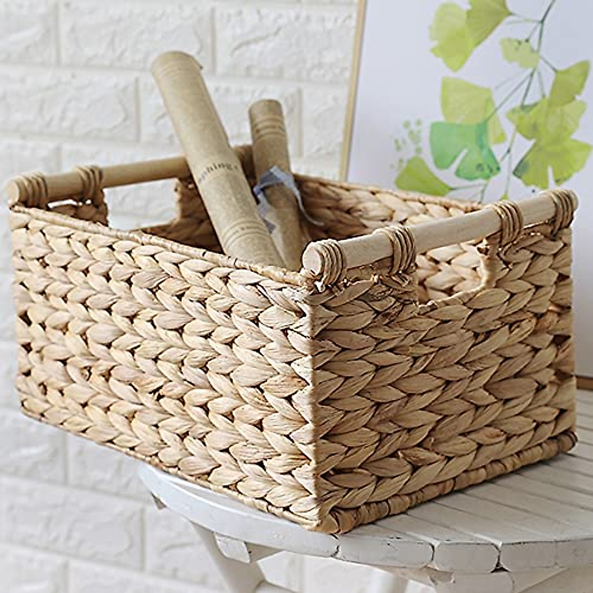 UXZDX Straw Storage Baskets with Wooden Handles, Rectangular Storage Baskets, Woven Storage Baskets for Coffee Table Cabinets