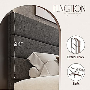 WEEWAY King Bed Frame Platform Bed with Linen Fabric Upholstered Headboard and Wooden Slats Support, Heavy Duty Mattress Foundation, No Box Spring Needed, Easy Assembly, Dark Grey