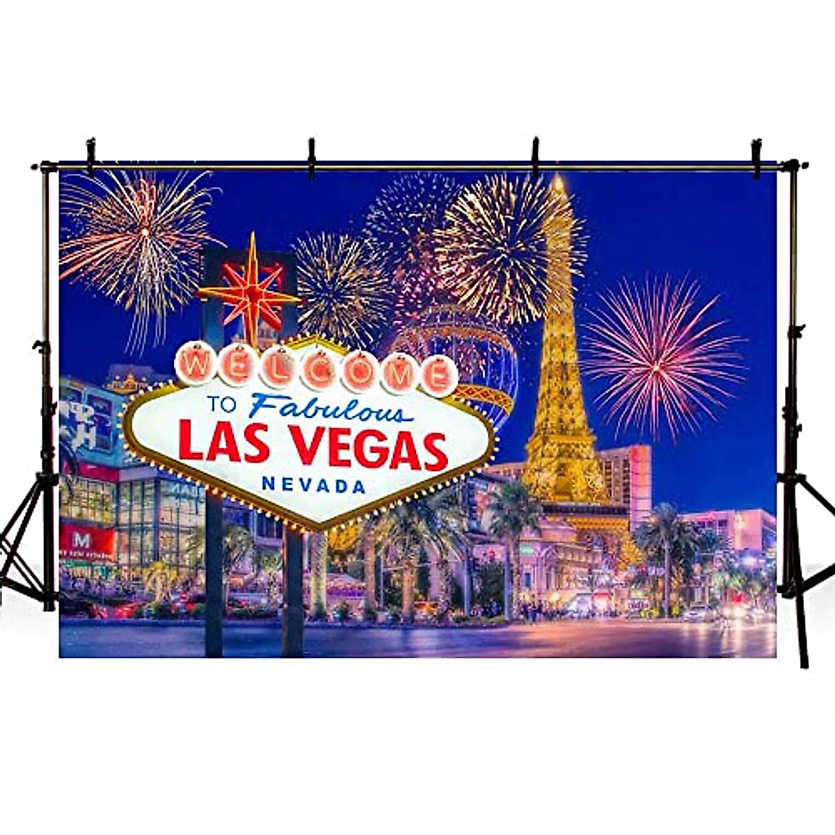Sendy 7x5ft Welcome to Las Vegas Photo Photography Backdrop Night City Birthday Party Decorations Casino Poker Fireworks Movie Theme Banner Background Prom Ceremony Baby Shower Props, One Size