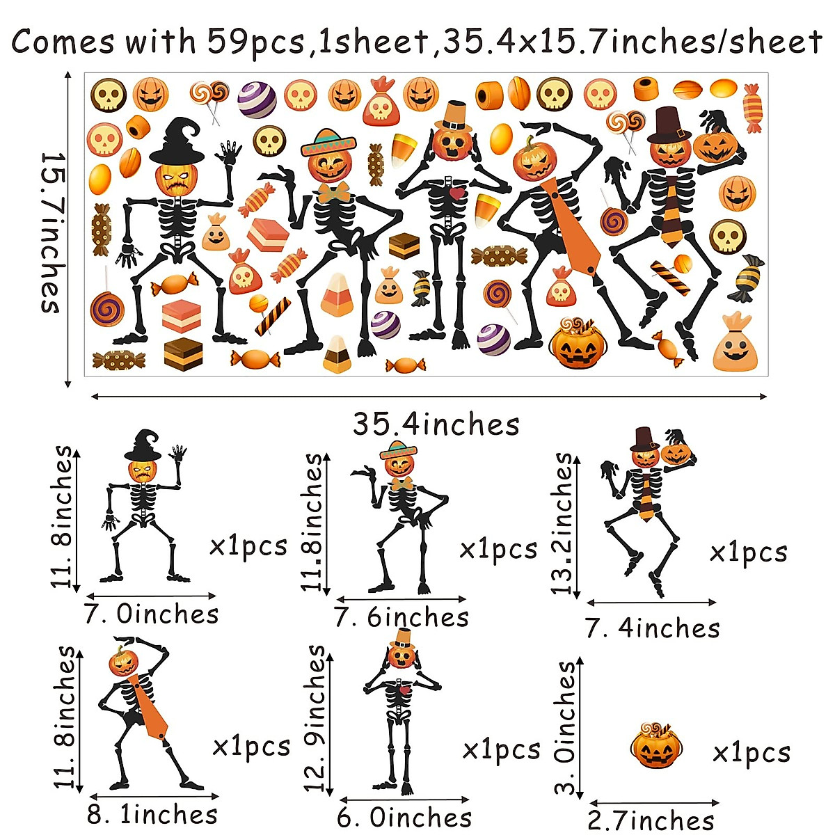 Halloween Skeleton Wall Decal Halloween Wall Stickers Pumpkin Candy Wall Decals Vinyl Halloween Window Clings Peel and Stick for Kids Room Window Halloween Party Decor