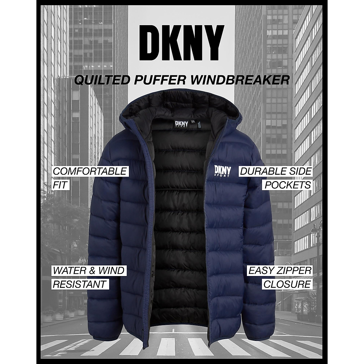 DKNY Boys Jacket – Midweight Insulated Quilted Outerwear Parka Puffer Coat – Water Resistant Boys Winter Hooded Jacket (8-20), Size 14-16, Navy Blue