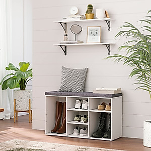 DINZI LVJ Shoe Storage Bench with Cushion, Cubby Shoe Rack with 9 Cubbies, Adjustable Shelves, Multifunctional Shoe Organizer Bench for Entryway, Mudroom, Hallway, Closet and Garage, White