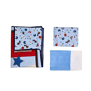 CribMATE 3 PCs Blue Sport Nursery Crib Bedding Set Baby Boy Sports Theme Cot Bedding Set 1 Quilt 1 Fitted Sheet 1 Skirt, Blue , Red , Brown, 28 X 52
