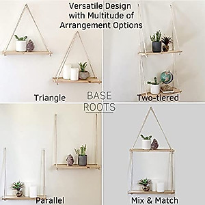 Hanging Shelves for Wall [Set of 2 w/ Hooks] Wooden Shelf, Hanging Fruit Basket Woven 3 Tier for Kitchen, Counter Space Saver Decorative Storage Boho Home Decor Planter Bathroom, Living Room Bedroom