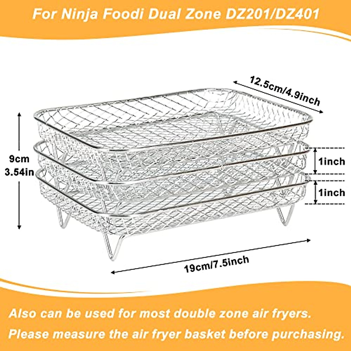BYKITCHEN Air Fryer Rack for Ninja Dual Air Fryer, 3pcs Stackable Stainless Steel Dehydrator Rack, Rectangle Air Fryer Racks Compatible with Double Air Fryer, Ninja Dual Air Fryer Accessories