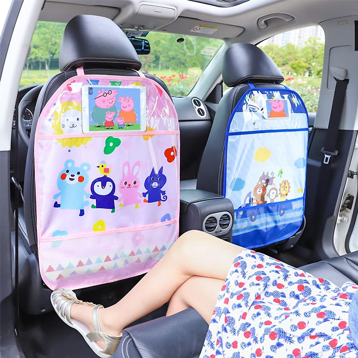 2 Pack Car Kick Mats, Back Seat Protector for Kids Child Car Seat Back Organizers with Multi Pockets Clear Holder Universal Back Seat Cover for Upholstery from Dirt, Mud, Scratches (2 PACK A)