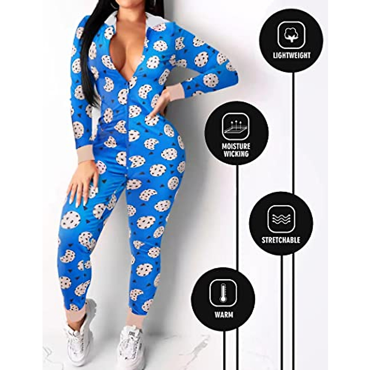 Ekouaer Christmas Onesie Women Sexy Pajamas Zipper Halloween One Piece Bodycon Outfit Jumpsuit Costume Biscuit Print S