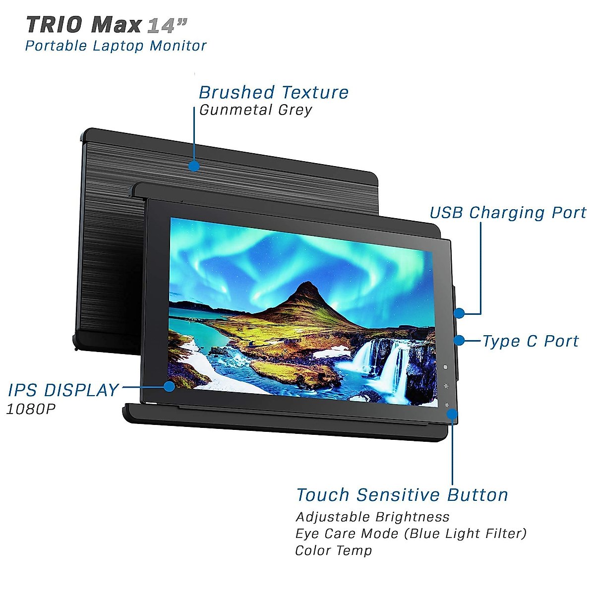 Trio Max Mobile Pixels Tri-Screen Laptop Monitor, 14'' Full HD IPS Dual Triple Monitor for laptops, USB C/USB A Portable Screen,Windows/Mac/OS/Android/Switch Compatible (2X Monitor and 1x Kickstand)