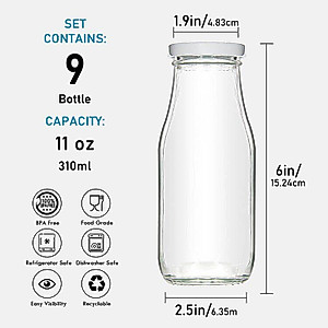 YEBODA 11oz Glass Milk Bottles with Reusable Metal Twist Lids and Straws for Beverage Glassware and Drinkware Parties, Weddings, BBQ, Picnics, Set of 9