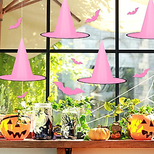 Whaline 14Pcs Halloween Pink Witch Hat with 109 Yards Hanging Rope 32Pcs 3D Bat Stickers Scary Witch Cap Halloween Hanging Decoration for Halloween Home Inside Outside Garden Yard Lawn Decoration
