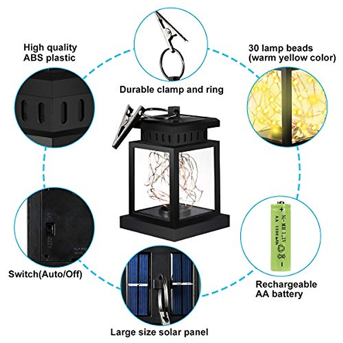 Homeyearn Hanging Solar Lights Outdoor 30 LED Warm Solar Fairy Lights Waterproof Solar Lanterns Decor for Garden Yard Patio Umbrella Tree (4 Pack)