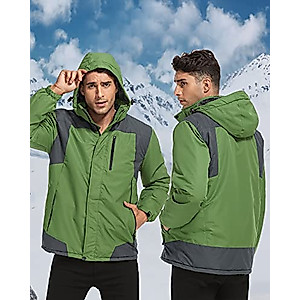 Mens Winter Jackets Ski Snow Coats Warm Fleece Lined Waterproof Windbreaker Softshell Hooded Jackets Raincoats Green 2XL