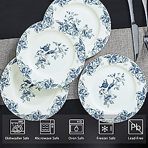 fanquare 8" Bone China Dessert Plates Set of 4, European Blue Floral Pasta Bowls Set, Porcelain Salad Plates for Soup, Microwavable Plates