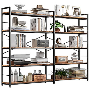 MECHYIN Bookshelf 5 Tiers, Industrial Corner Bookcases, H65×L82 Large Etagere Bookshelf Open Display Shelves with Metal Frame for Living Room, Bedroom and Home Office (Rustic Brown)