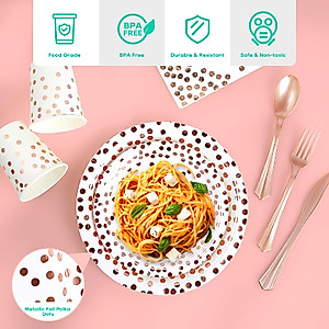 White and Rose Gold Party Supplies - 350 PCS Disposable Dinnerware Set - White Paper Plates Napkins Cups, Gold Plastic Forks Knives Spoon for Graduation, Birthday, Cocktail Party