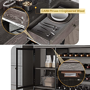 DWVO 47" Large Wine Rack Cabinet for Liquor & Glasses, Coffee Bar with LED Lights Door Shelves & Drawers, Modern Standing Bakers Rack Microwave Stand Kitchen Storage Shelf, Grey & Black