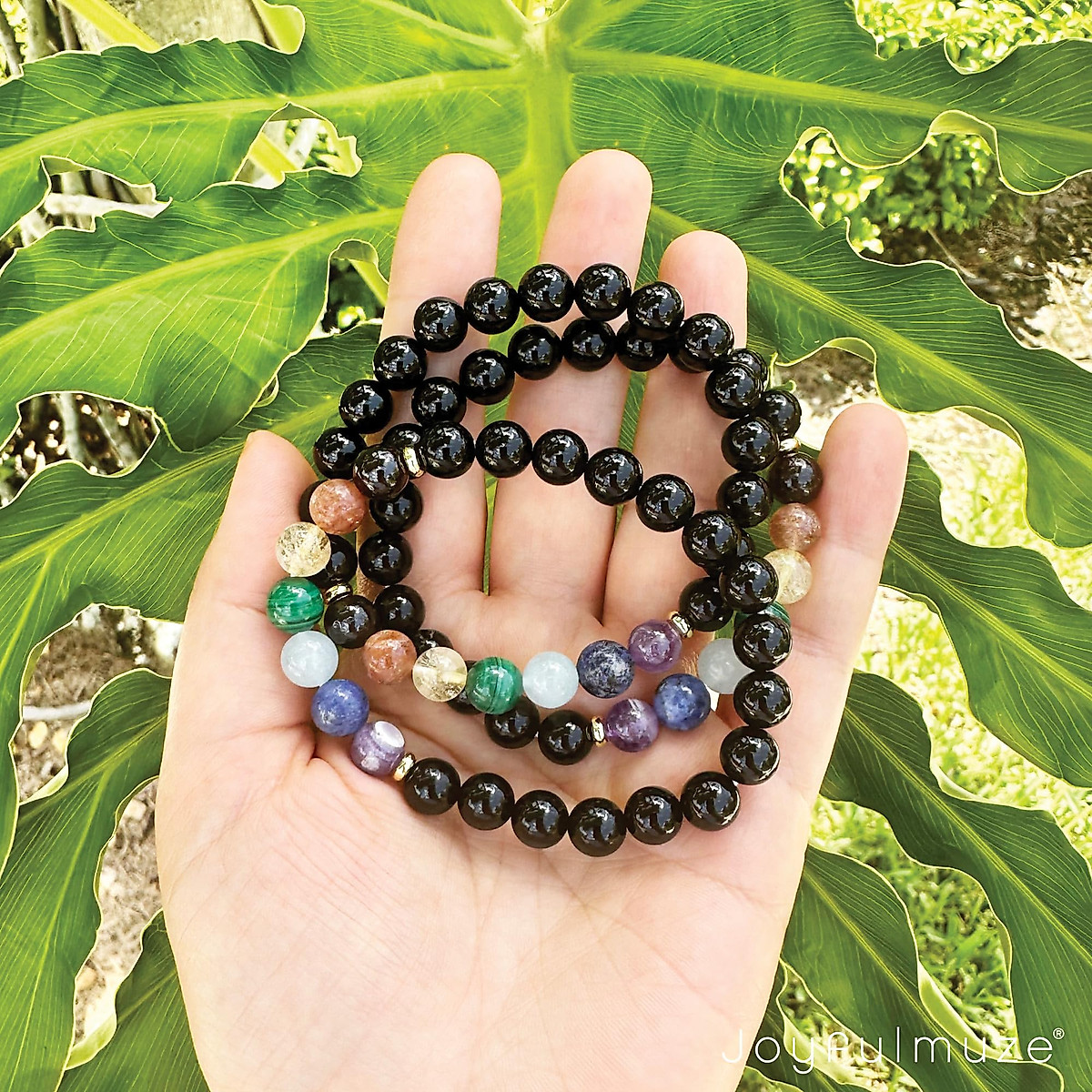 Joyfulmuze 7 Chakras Stretch Bracelet, Natural Stones Black Onyx Citrine Malachite Aquamarine Blue Sodalite Amethyst Garnet Sunstone (Chakra Stones)