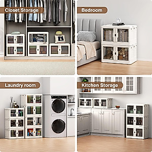 BROVIEW V7 4 Pack Stackable Storage Bins, 416QT 104 Gal Closet Organizers and Storage with Doors, Plastic Collapsible Storage Bins with Lids and wheels, Folding Storage Box for Home Dorm, Cream White