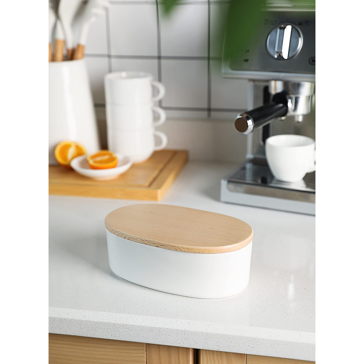 Sweese 331.101 Airtight Butter Dish, Oval Butter Dish with Lid for Countertop - Large Butter Keeper Container - Butter Dishes with Cover for 2 Stick of Butter - Housewarming, Kitchen Gift- White