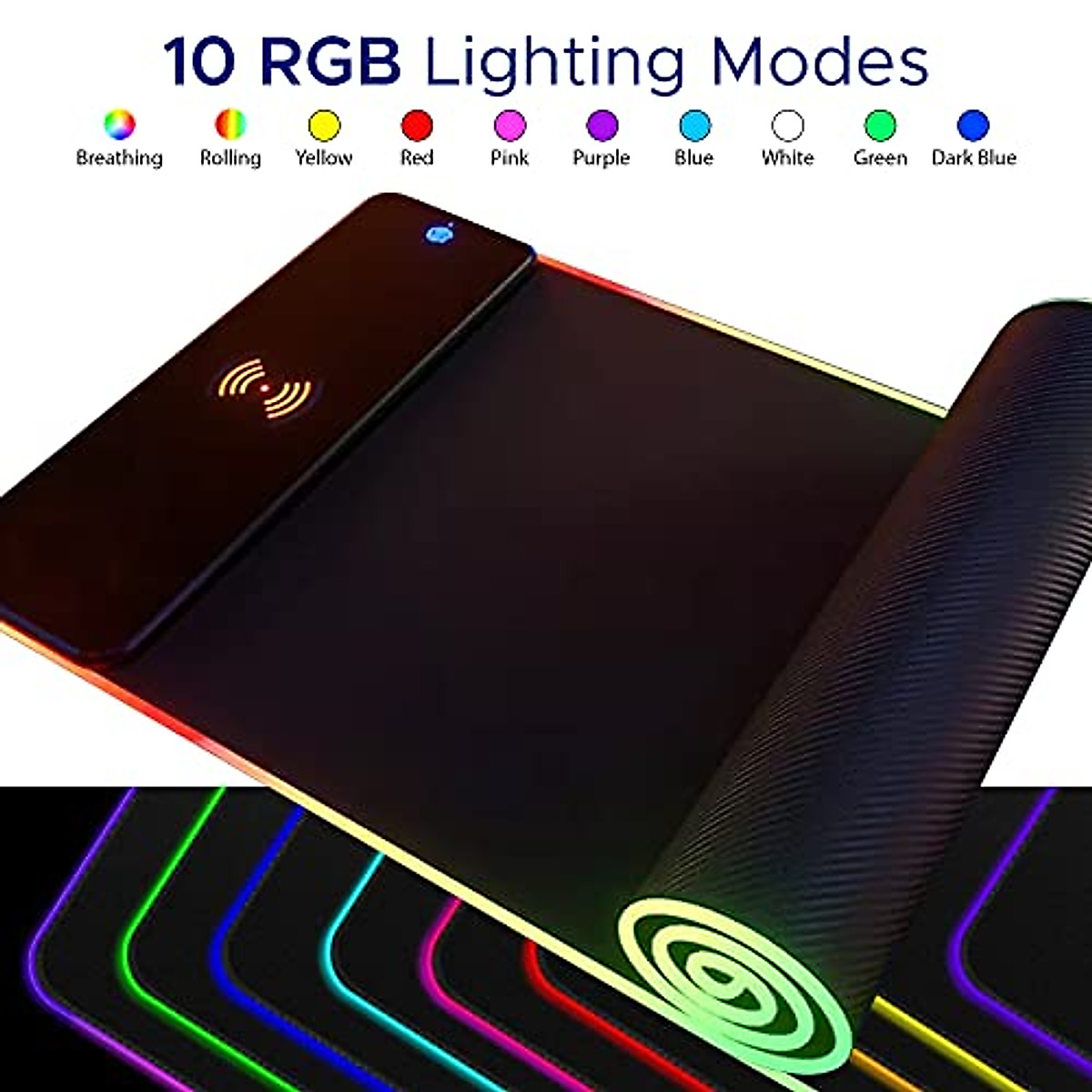 Juicy Chargers Extra Long RGB Non-Slip Wireless Charging mat with 10 Backlight Colors, Wireless Charger Mouse pad Supports Qi Mobile Devices for Home, Office and Gaming, Desk 12 x 35.5 inch