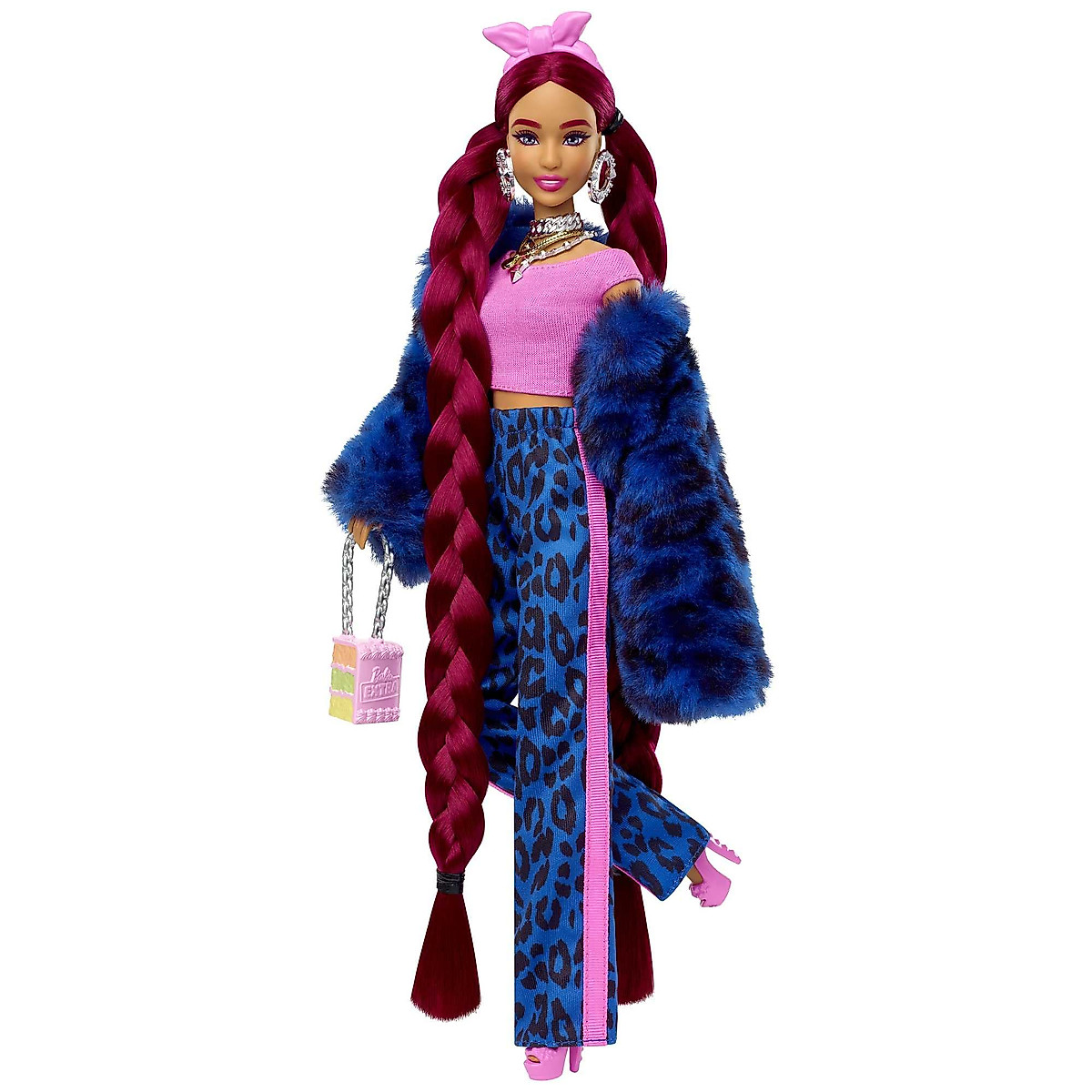 Barbie Extra Doll and Accessories with Burgundy Braids Dressed in Furry Jacket with Pet Puppy