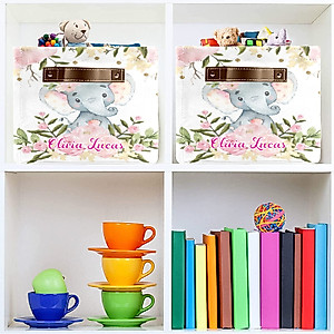 Rose Floral Elephant Personalized Storage Basket,Custom Storage Bins Cubes Organizer with Handle for Bedroom Wardrobe,Nursery,Basket 1 Pack